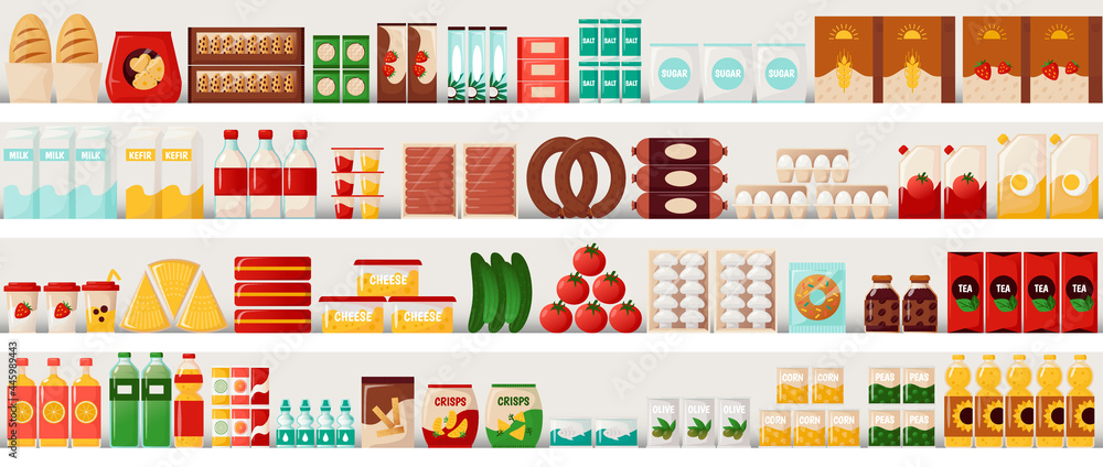 Supermarket food. Grocery shelves with cereal bread and milk, eggs or ...