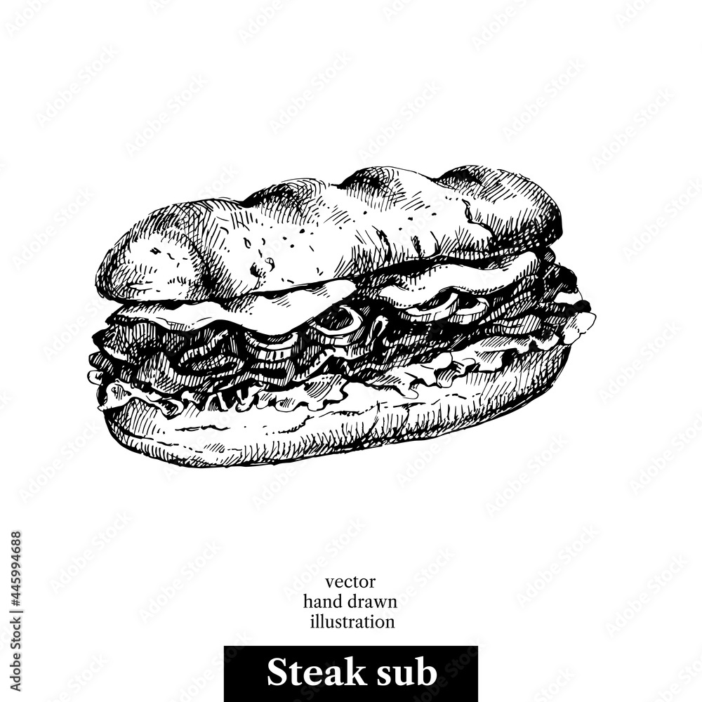 Hand drawn sketch steak sub sandwich. Vector black and white vintage ...