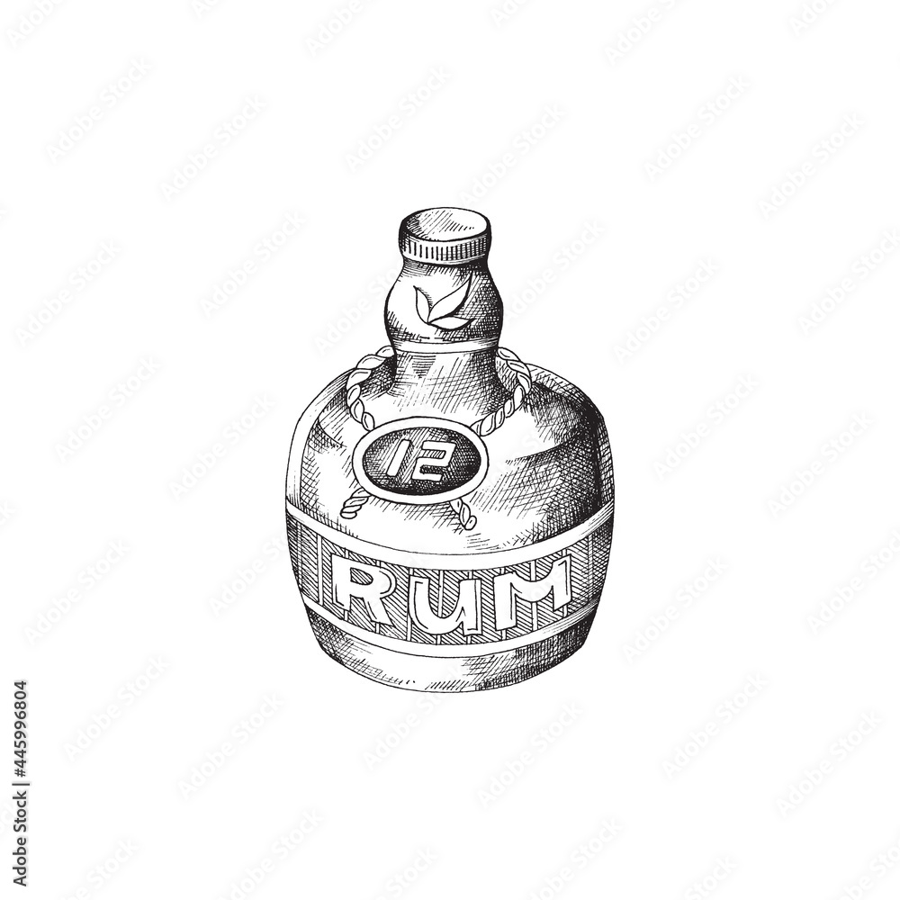 Hand drawn black and white vector illustration of rum bottle isolated ...