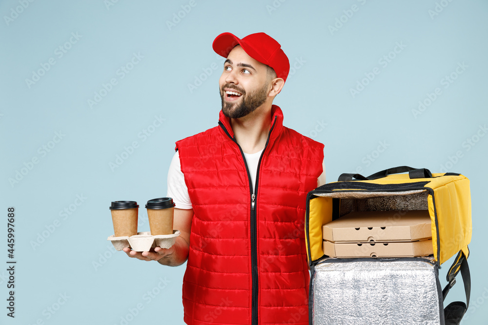 Delivery employee man in red cap white T-shirt vest uniform work dealer ...