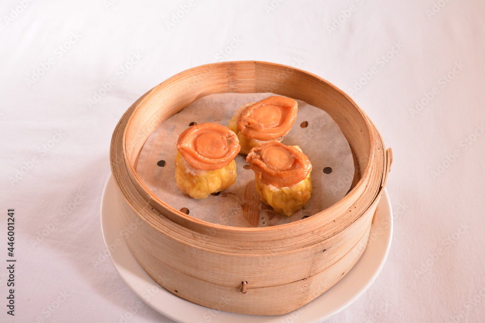 Hong Kong steamed siew mai meatball dumpling with wanton skin abalone ...