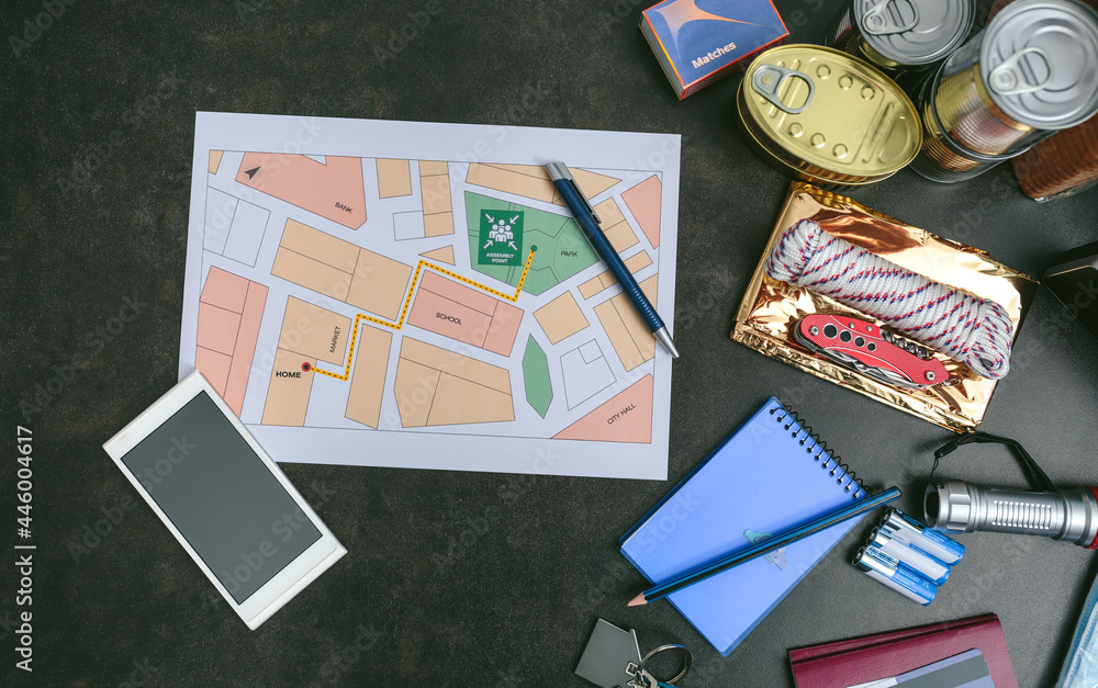 Top view of assembly point map with emergency backpack equipment Stock ...