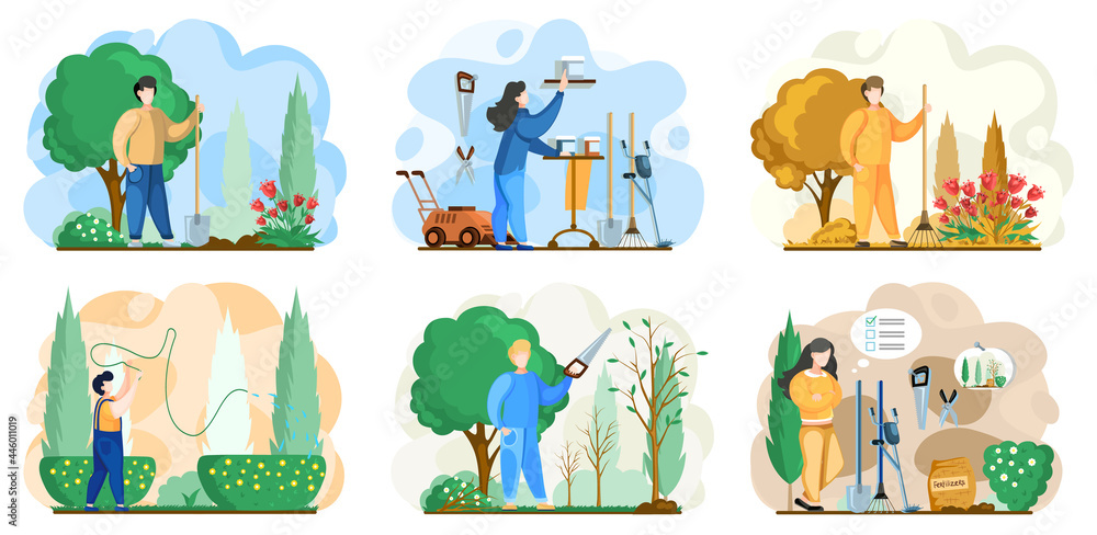 Seasonal gardening with characters of gardeners working in outdoor ...