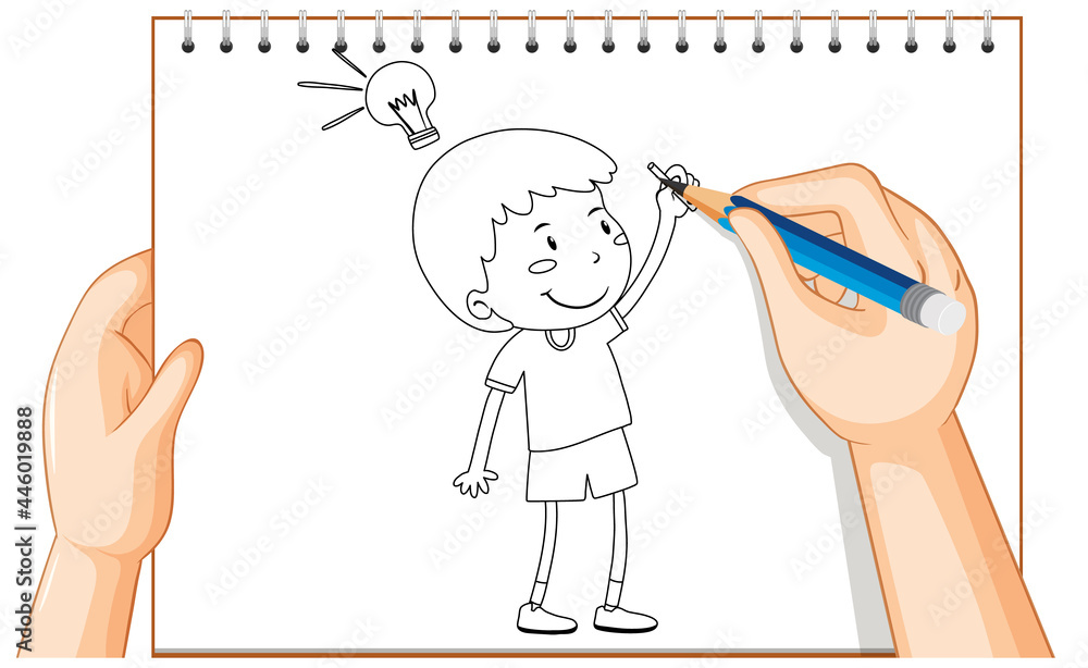 Hand drawing of kid with idea lamp outline Stock Vector | Adobe Stock