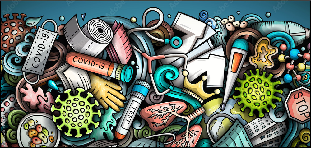 Coronavirus hand drawn doodle banner. Cartoon vector detailed flyer ...