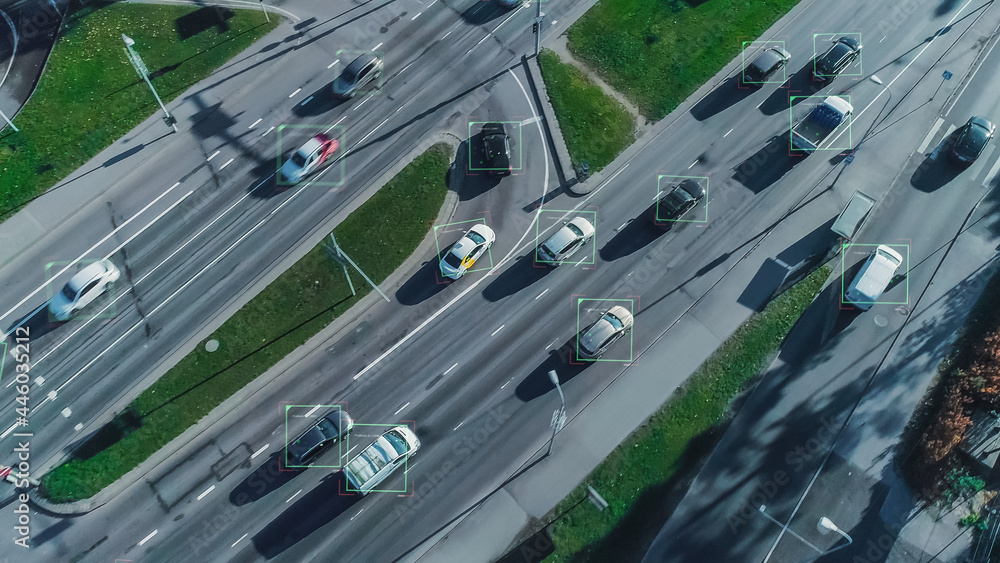 Aerial Drone Shot: Autonomous Self Driving Cars Moving On City Freeway ...