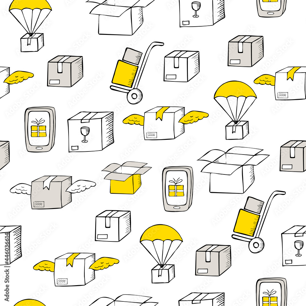 Seamless grey and yellow pattern of delivery icons on a white ...