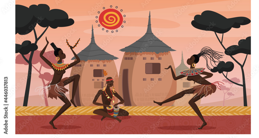 African people dance on ethnic ritual ceremony, tribal culture vector ...