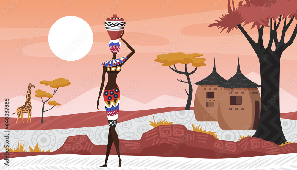 Africa rural landscape with abstract geometric pattern, village and ...