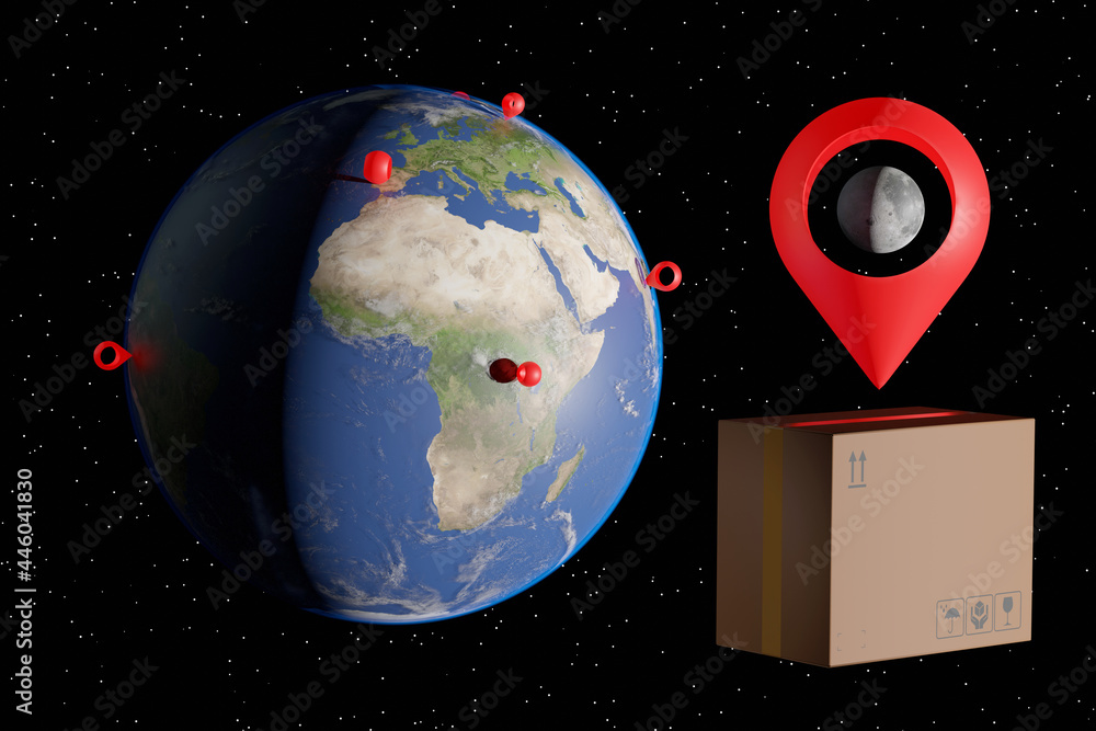 Global cargo delivery concept, Earth, Moon, shipping box and geotagging ...