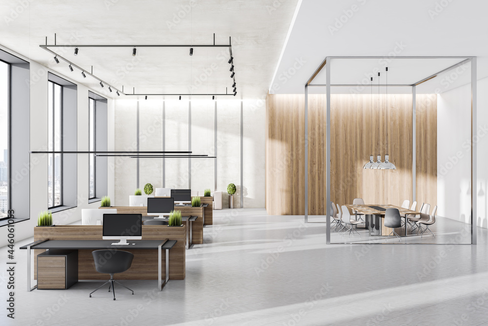 Stylish conference room with glass walls in eco style interior design ...