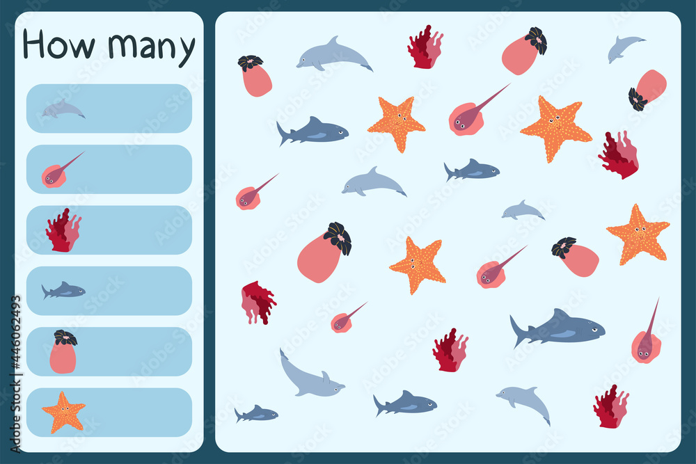Kids mathematical mini game - count how many sea animals - dolphin ...