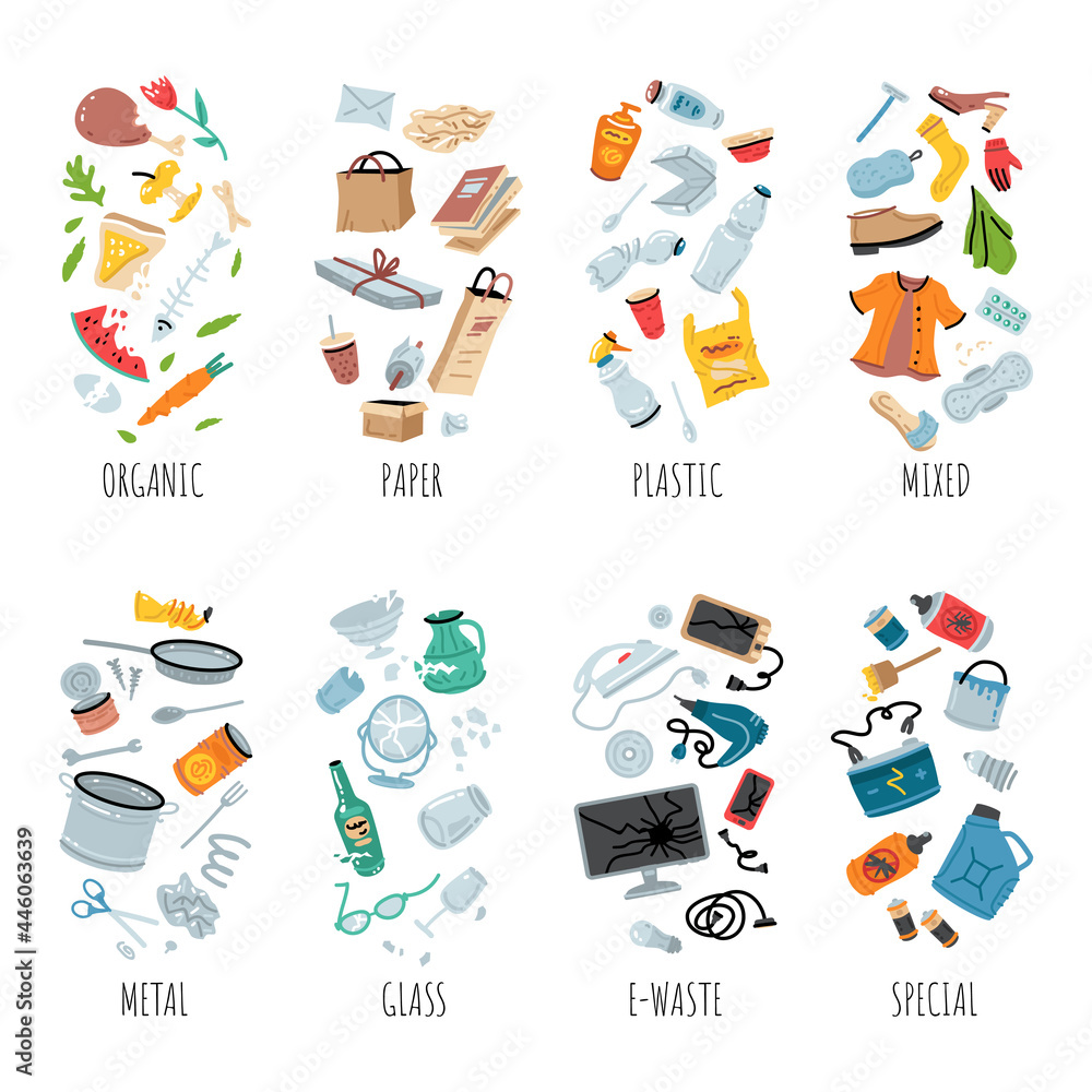 Waste collection, segregation and recycling illustration. Garbage ...