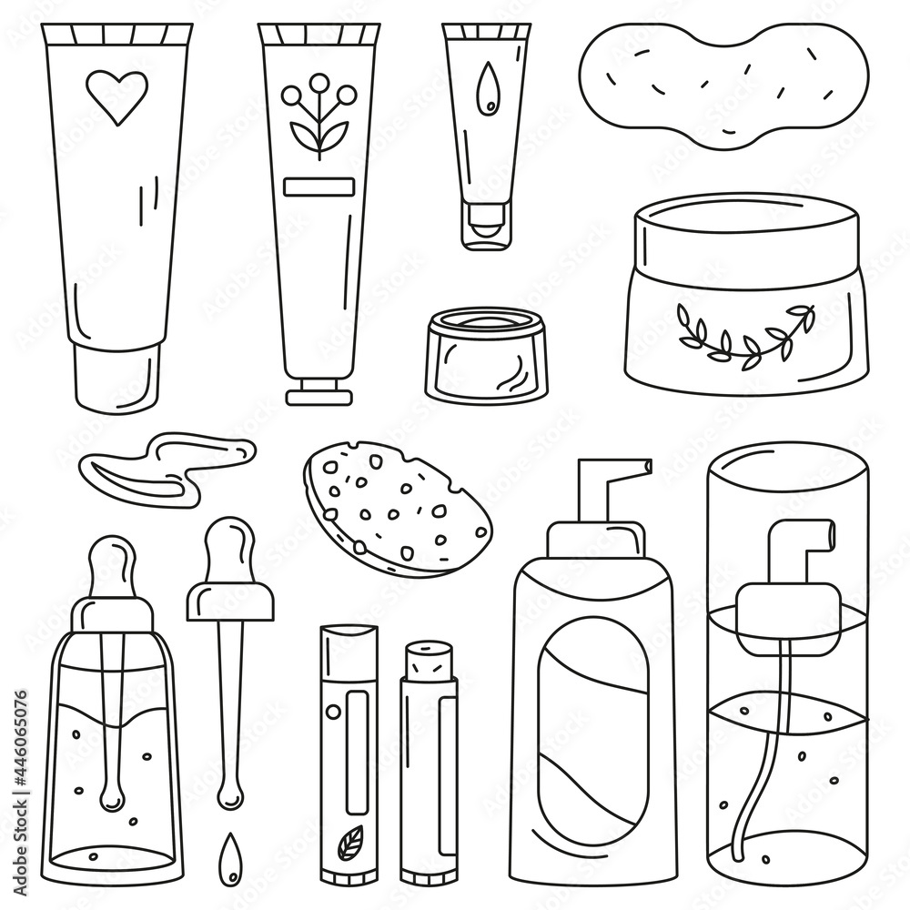 Set of hand drawn doodle outline elements of facial skin care products ...