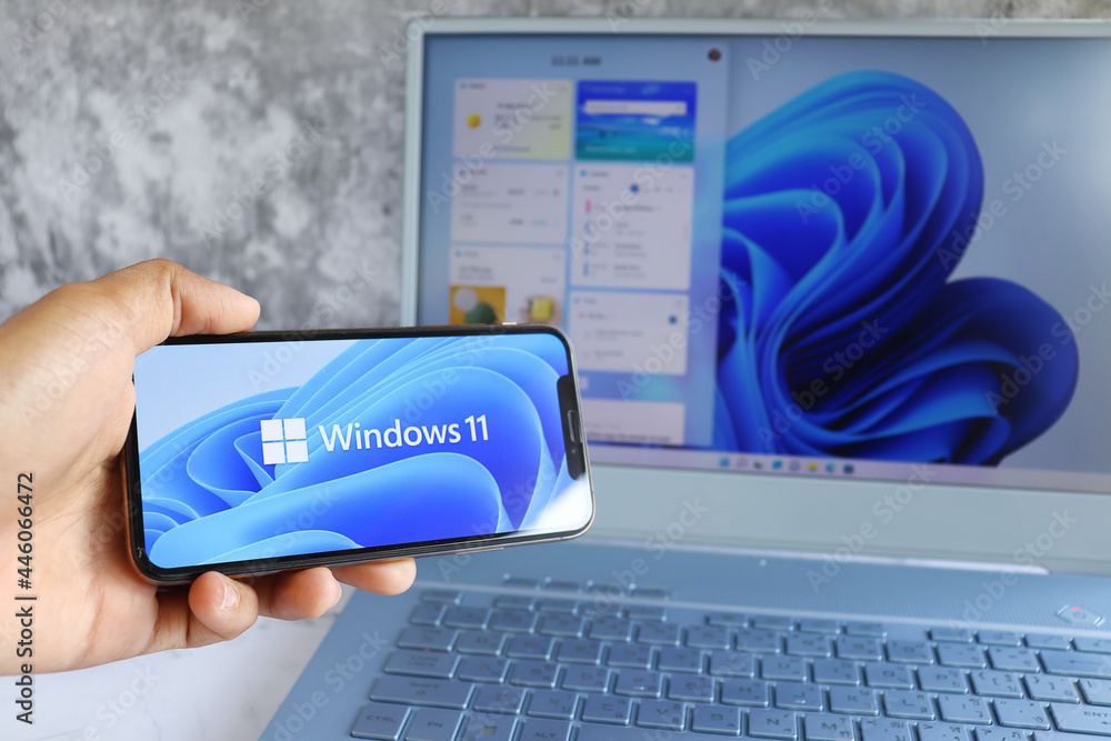 New Microsoft Windows 11 logo on computer screen and Windows 11 logo is ...