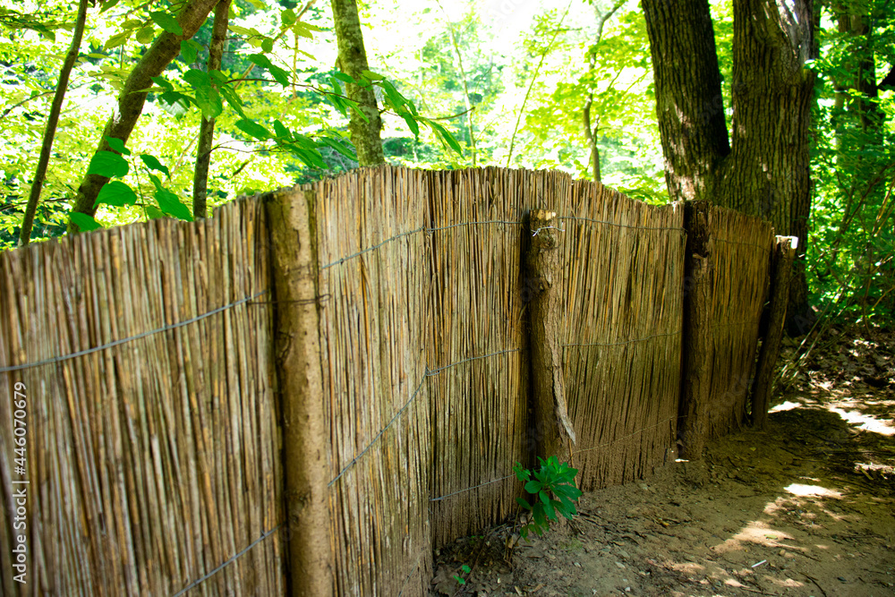 fence made of straw, branches, logs, old building, village fencing ...