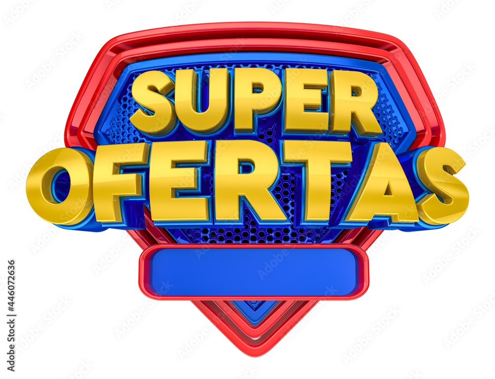Label for marketing composition in Brazil, in the super hero format. The phrase Super Ofertas ...