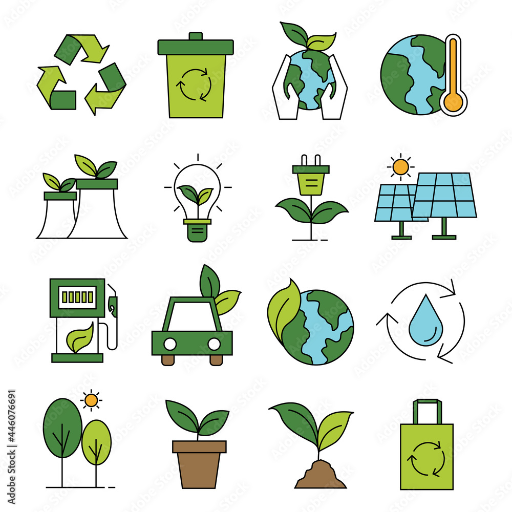ecology environment color outline icon set. green environment symbols ...
