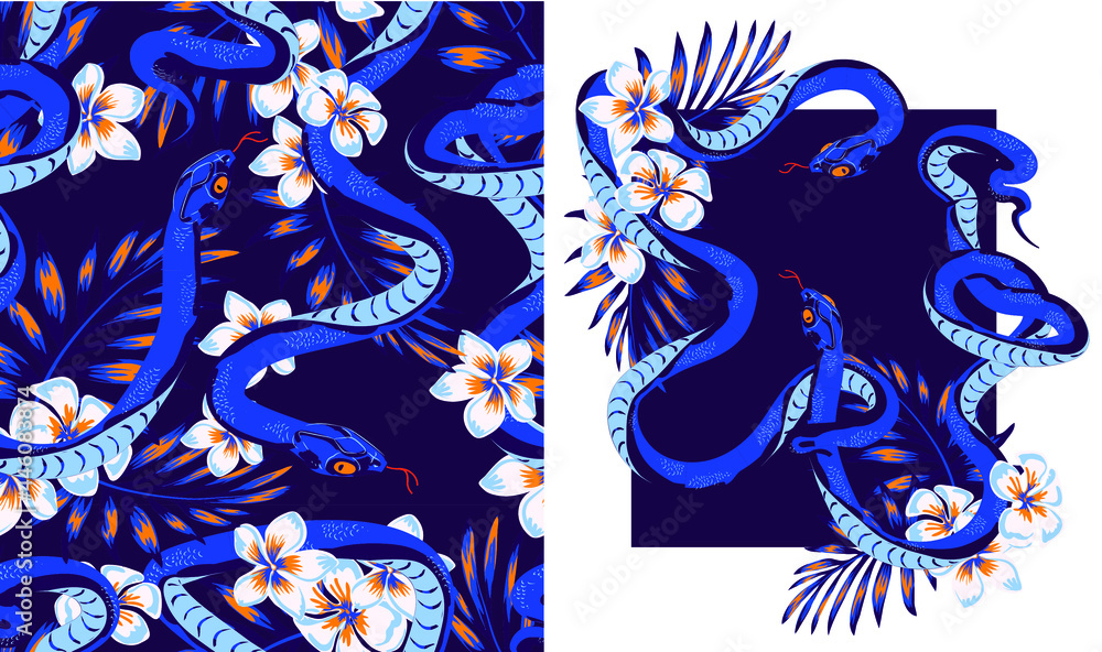set of designs with snake and tropis flowers in the jungle, jungle ...