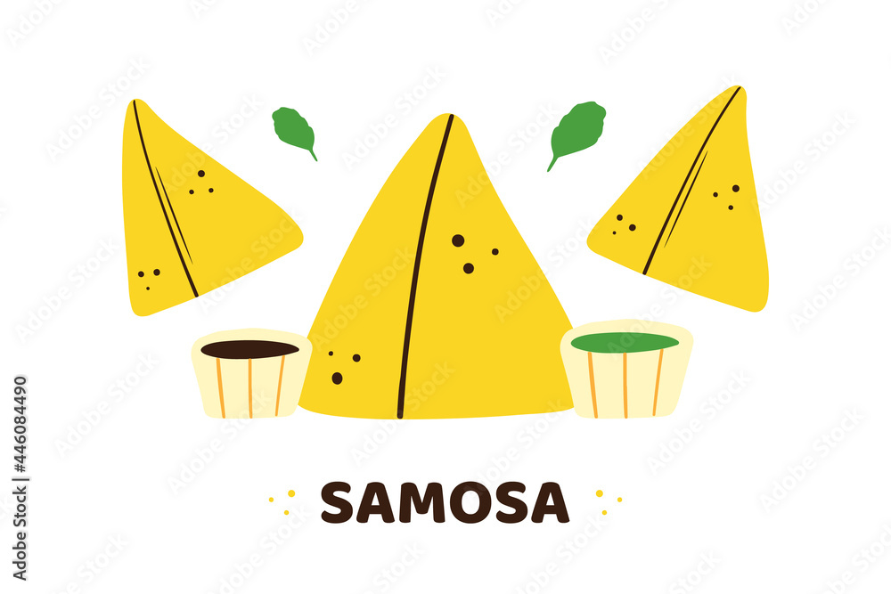 Cute cartoon style samosa, indian baked savory pastry with sauces and ...