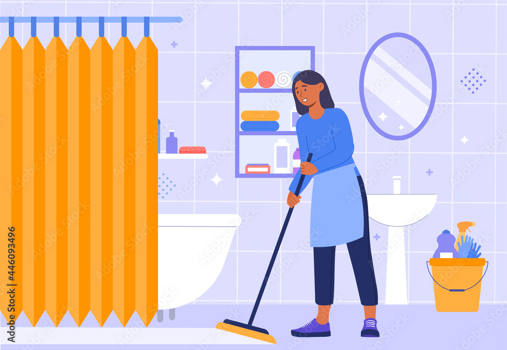 Cleaning Bathroom concept. Woman with a mop in her hands cleans the ...