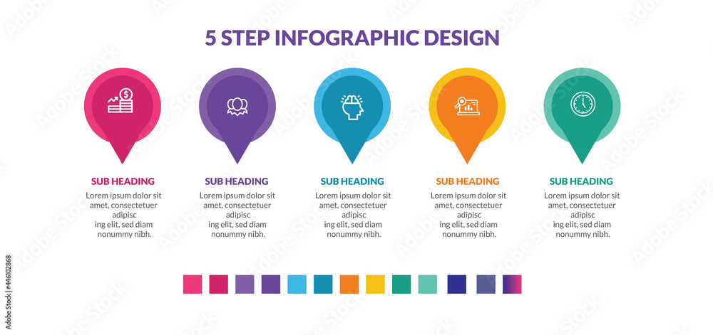 5 step infographic design with round and triangle pointing shape, flat ...