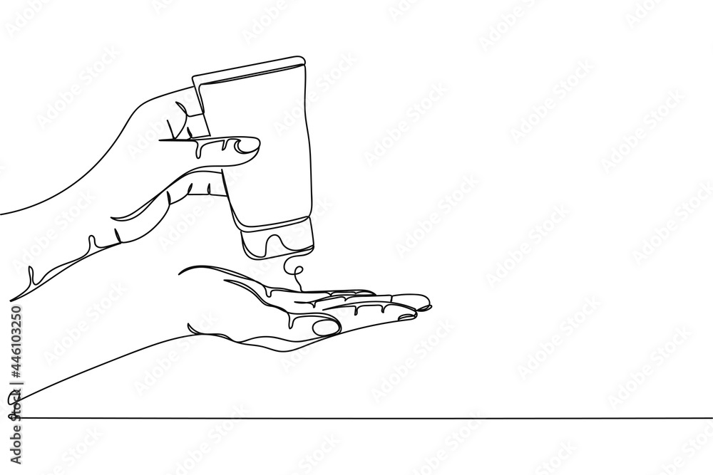 Continuous one line of hand holding cream cosmetics in silhouette on a ...