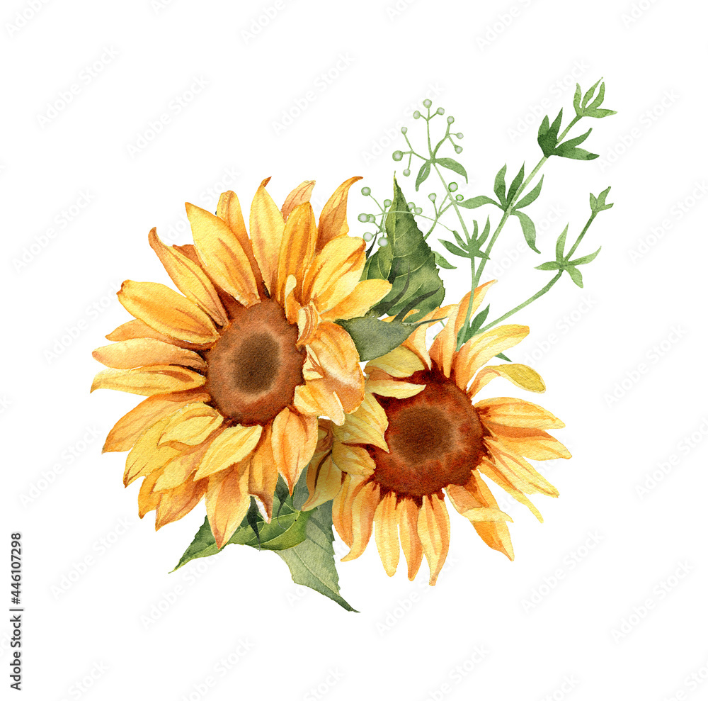 Sunflower clipart. Watercolor floral illustration. Yellow flowers for ...