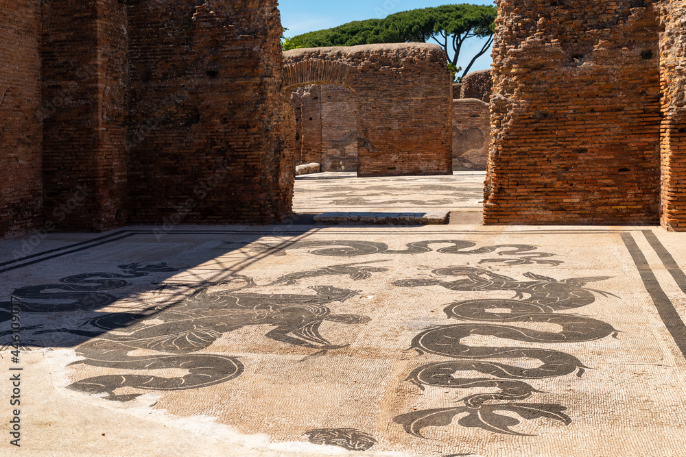Ostia Antica Rome, panoramic view of the thermal baths of Neptune in ...