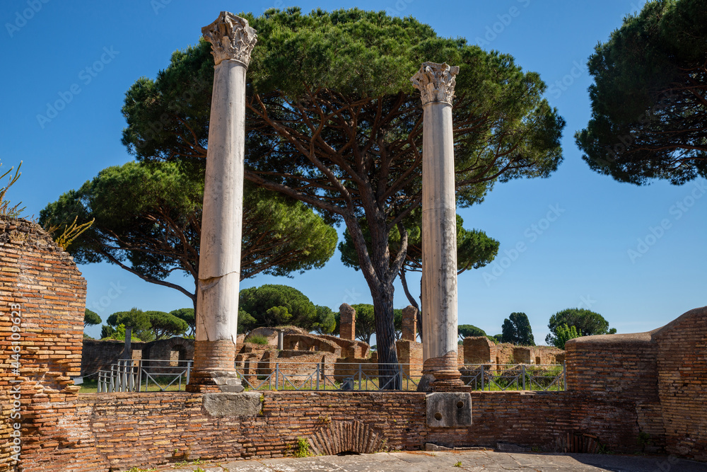 Rome Ostia Antica, Italy Ancient Roman ruins, columns with decorated ...