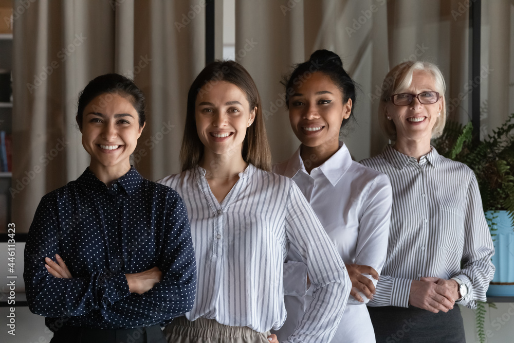 Portrait of happy diverse female business team, group of confident ...