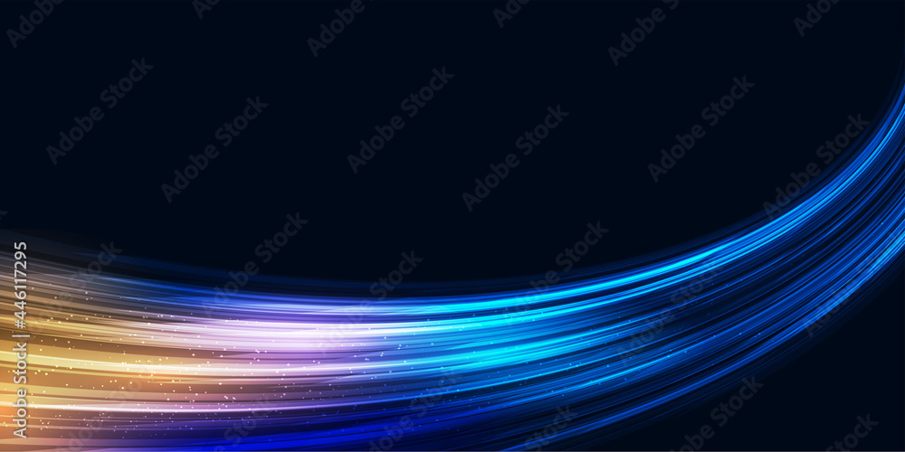 Modern abstract high speed movement. Dynamic motion light trails on dark blue background ...
