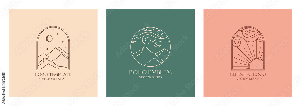Vector linear boho emblems with abstract mountain landscapes.Travel ...