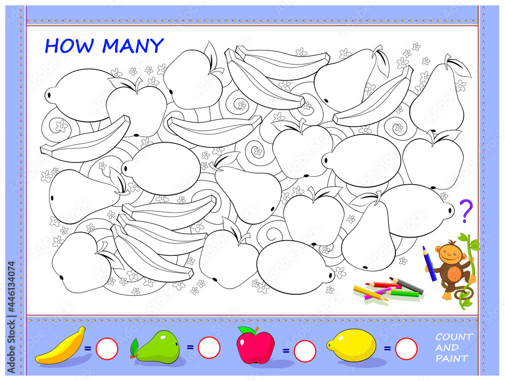 Educational page for children. Find fruits, paint them, count the ...