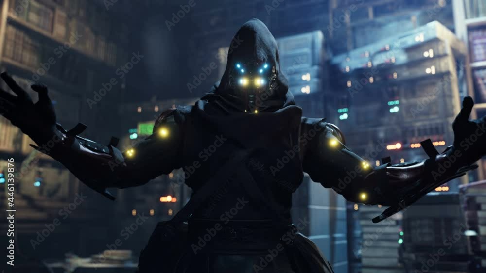 Vidéo Stock Cyber Monk practices cyber magic in his high-tech and ...