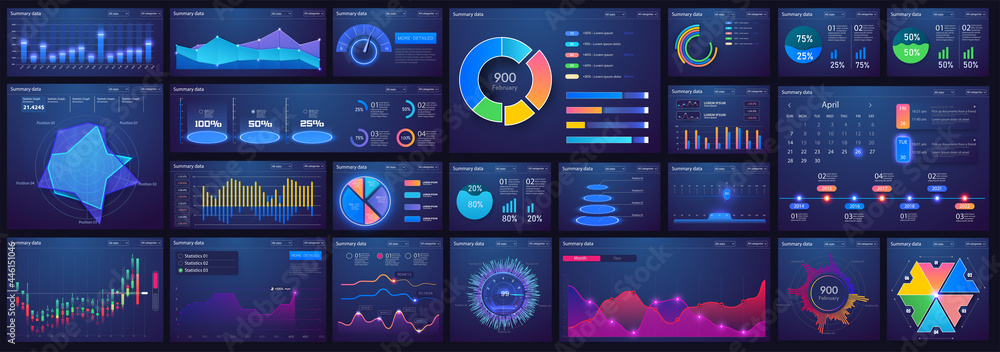 Dashboard infographic template with flat design charts, diagrams, bars ...