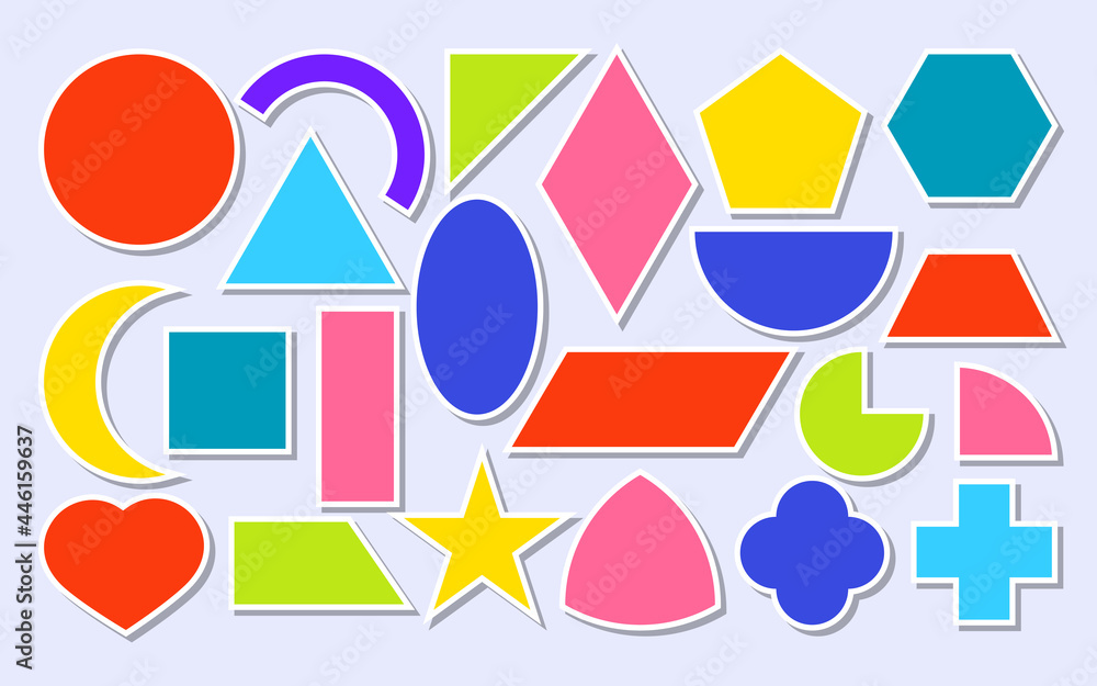 Colored paper sticker geometric shapes icons set. Basic math forms as ...