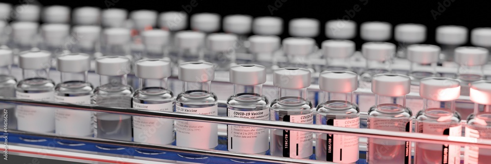 Manufacturing line for a generic Covid 19 vaccine. Rows of labelled ...
