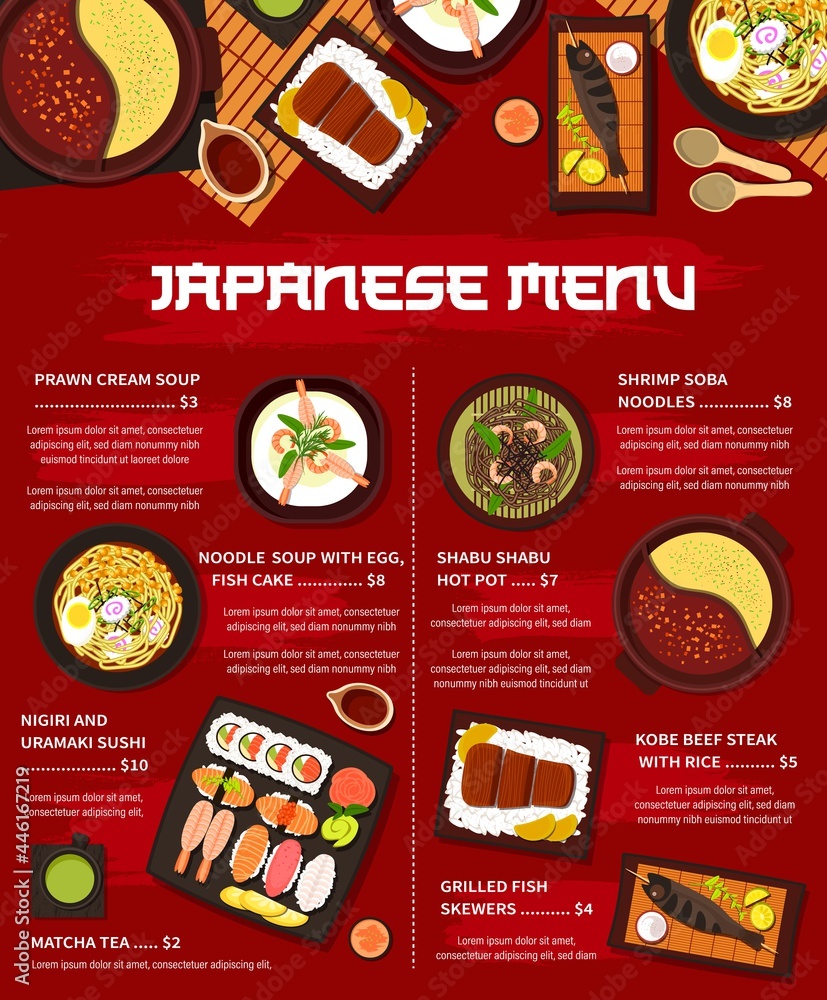 Japanese cuisine vector menu grilled fish skewers, nigiri and uramaki ...