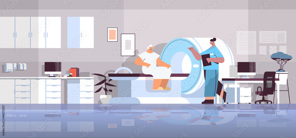 Poster doctor with senior patient in tomography machine magnetic ...