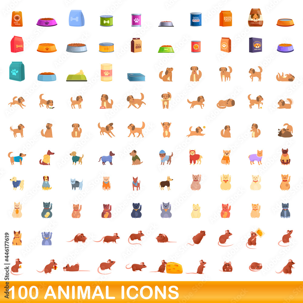 100 animal icons set. Cartoon illustration of 100 animal icons vector ...
