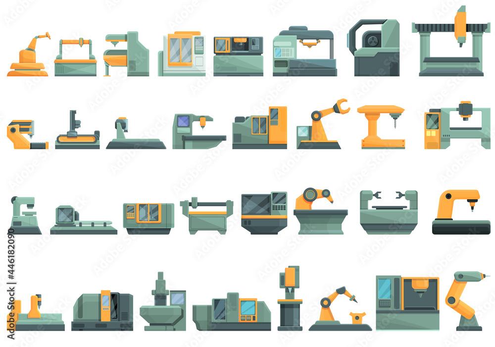 Cnc machine icons set cartoon vector. Mill controller. Industrial tool ...