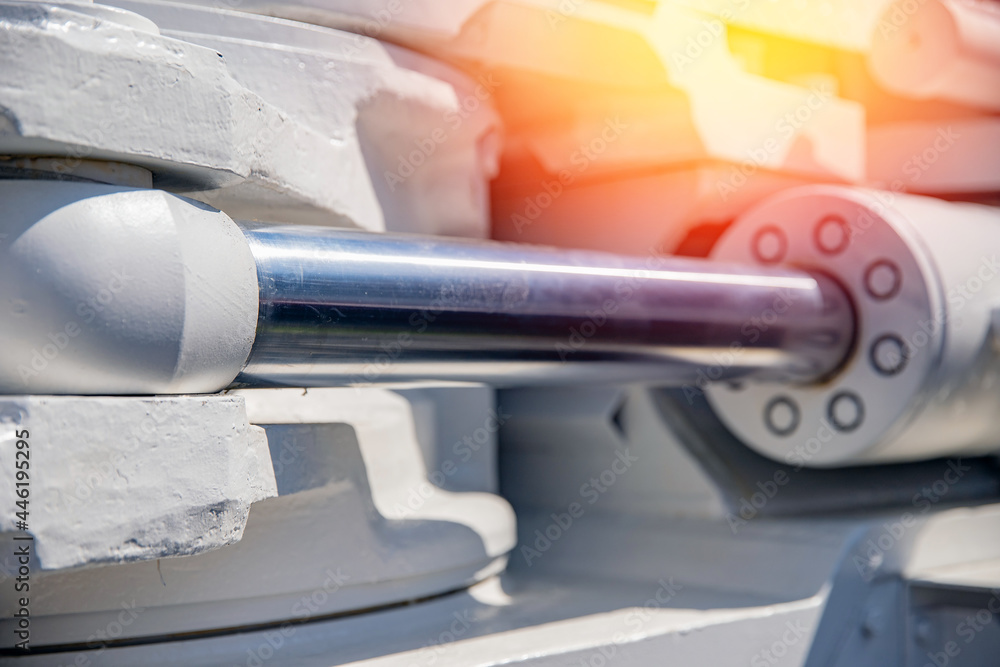 Machine for truck lifting load and hydraulic forces. Closeup Pneumatic ...