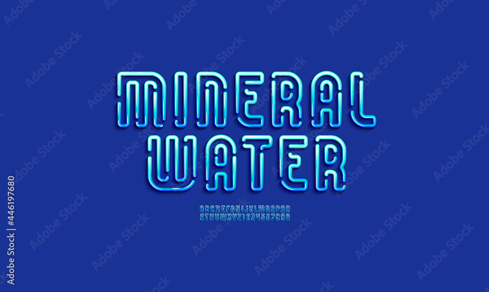 Original mineral water Font in the 3d style, blue gel alphabet, bold ...