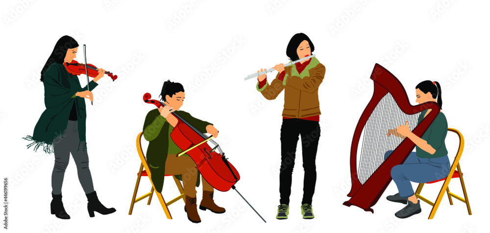 Female quartet orchestra music artist vector illustration. Girl play ...