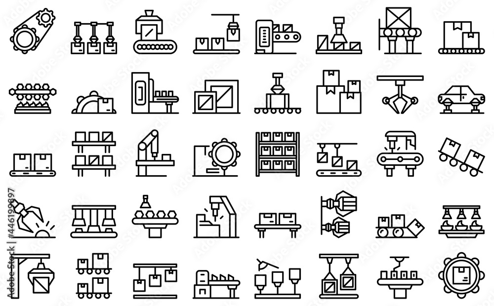 Serial production icons set outline vector. Industrial batch. Mass ...