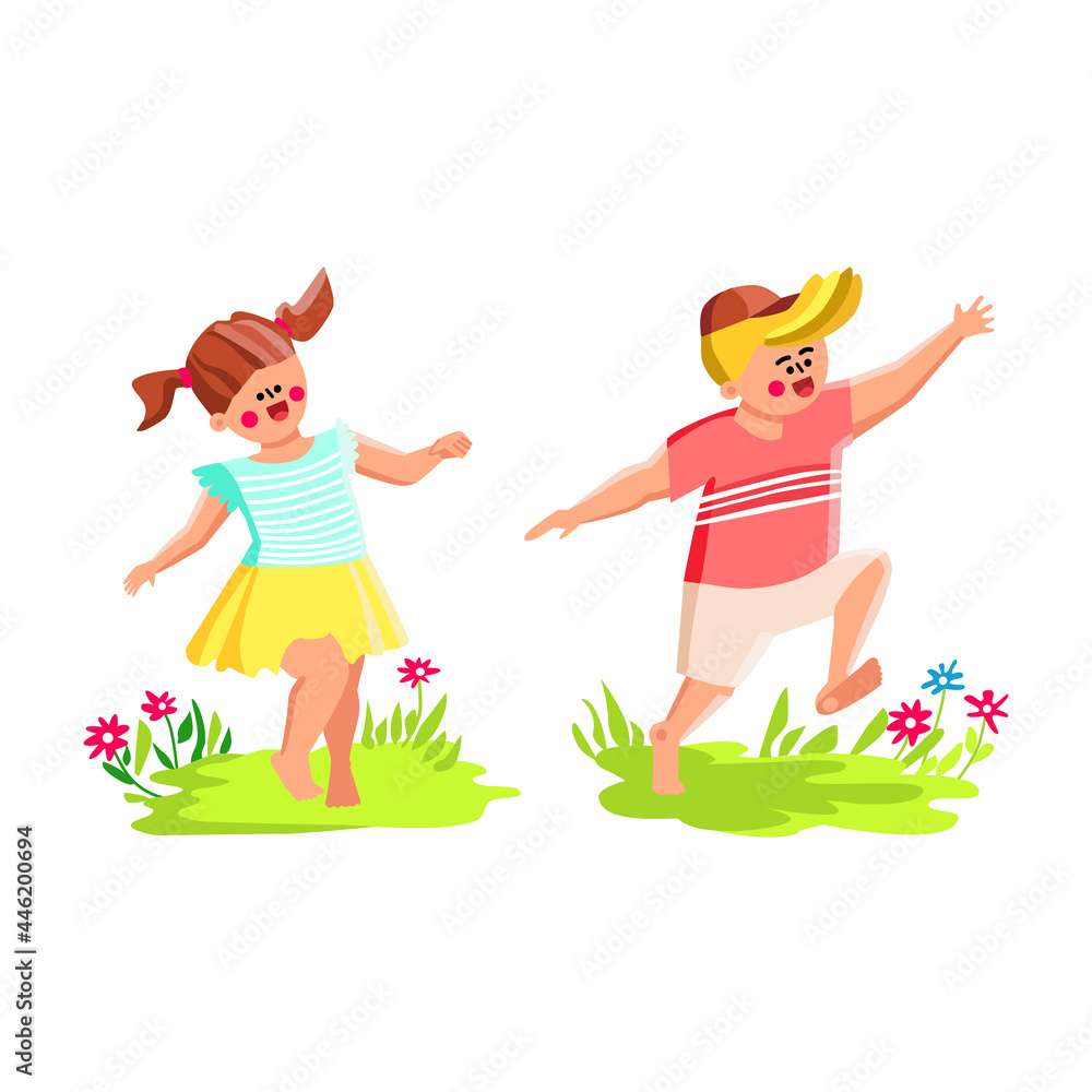 Barefoot Children Running On Flower Meadow Vector. Boy And Girl Kids ...