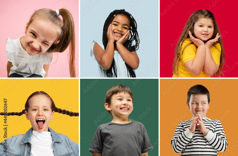 Collage made of portraits of 6 little cute kids, boys and girls ...