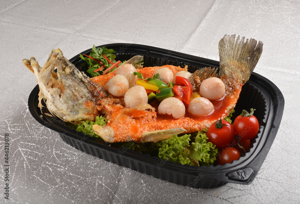 deep fried crispy whole grouper fish seafood with sweet and sour chilli ...