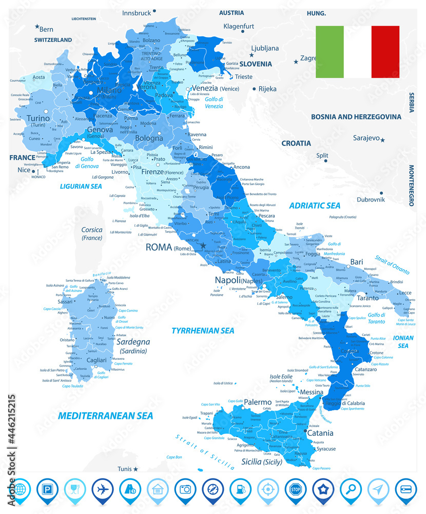 Italy Administrative Divisions Map Blue Colors and Blue Map Icons Stock ...